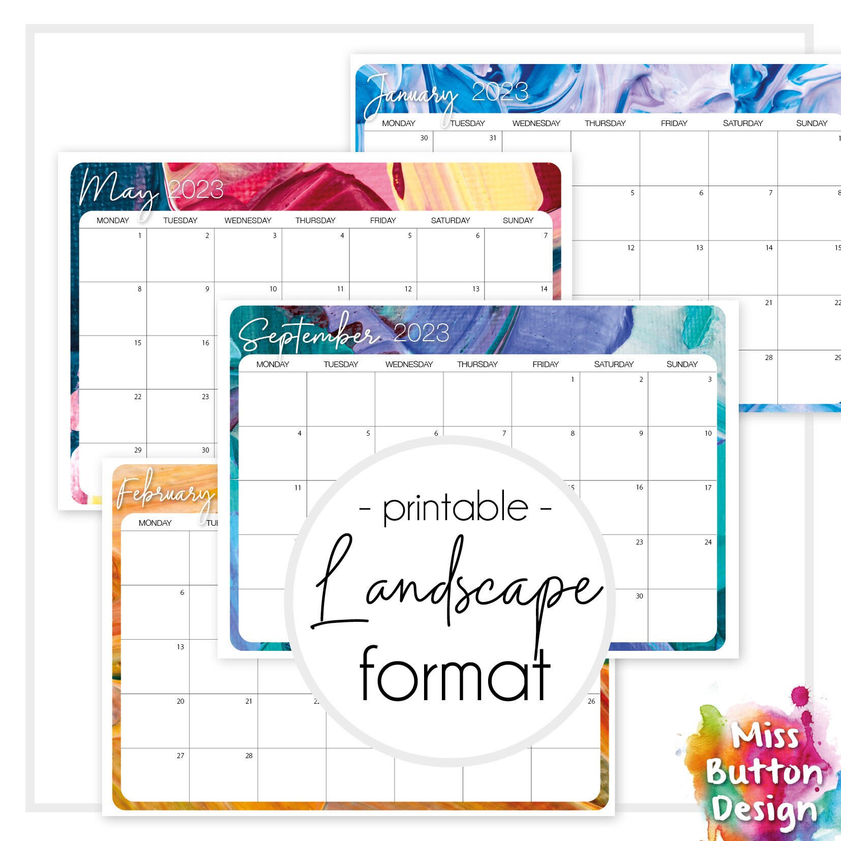Printable 2023 Monthly Calendar - Colourful Paint Texture Design - Etsy