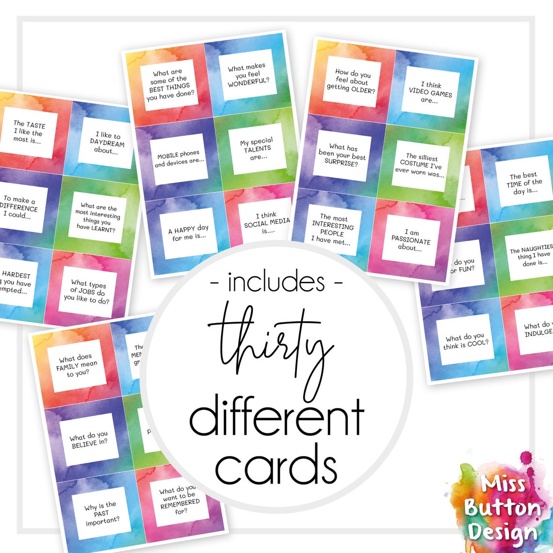 Conversation Starter Ice Breaker Cards Bright Watercolour - Etsy