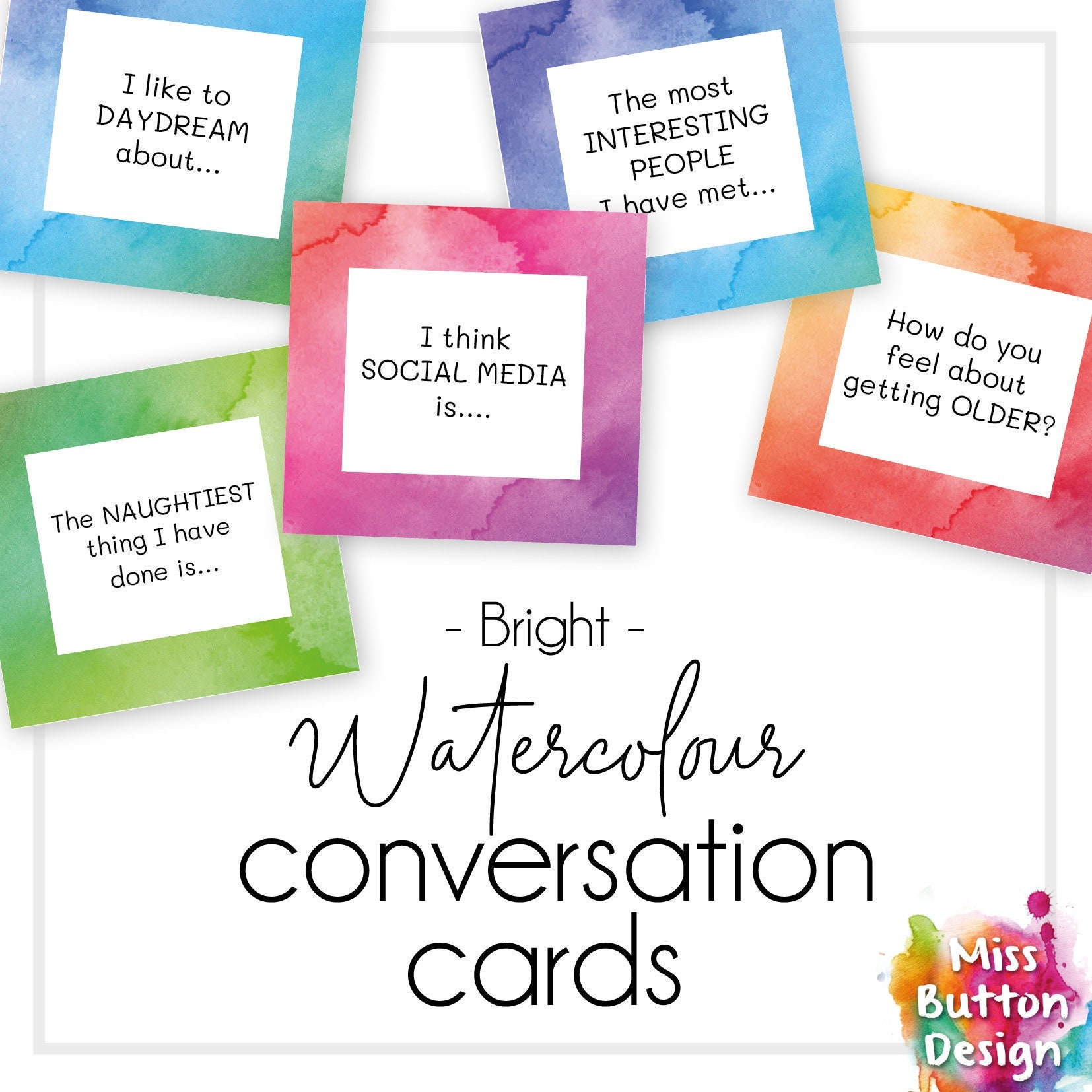 Conversation Starter Ice Breaker Cards - Bright Watercolour Design - Etsy