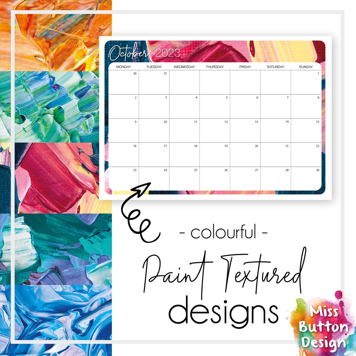 Printable 2023 Monthly Calendar - Colourful Paint Texture Design - Etsy