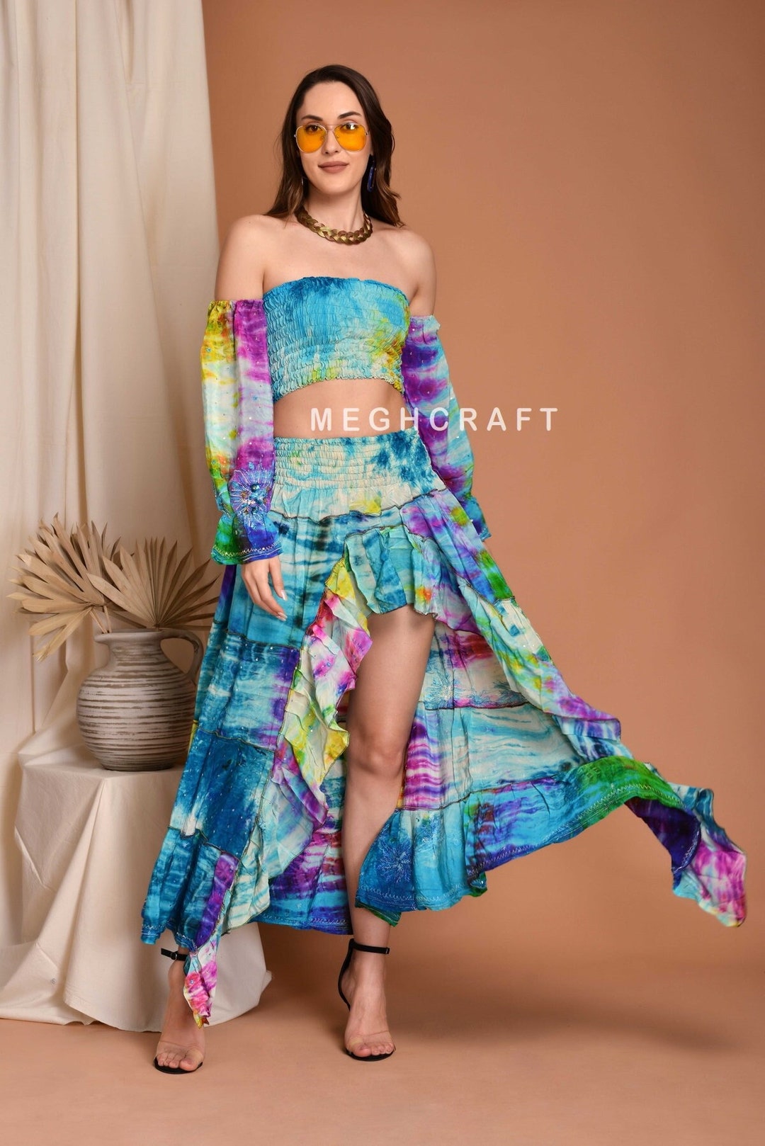 Boho Gypsy High Low Skirt Smock Top Set High Low Prom Dresses for Women ...