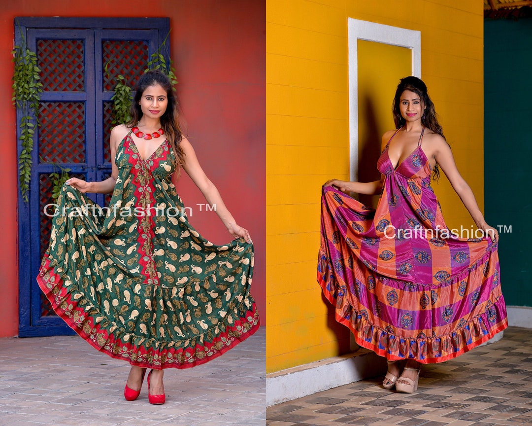 Indian Vintage Recycled Sari Silk Maxi Dress Halter Dress Long Bohemian ...