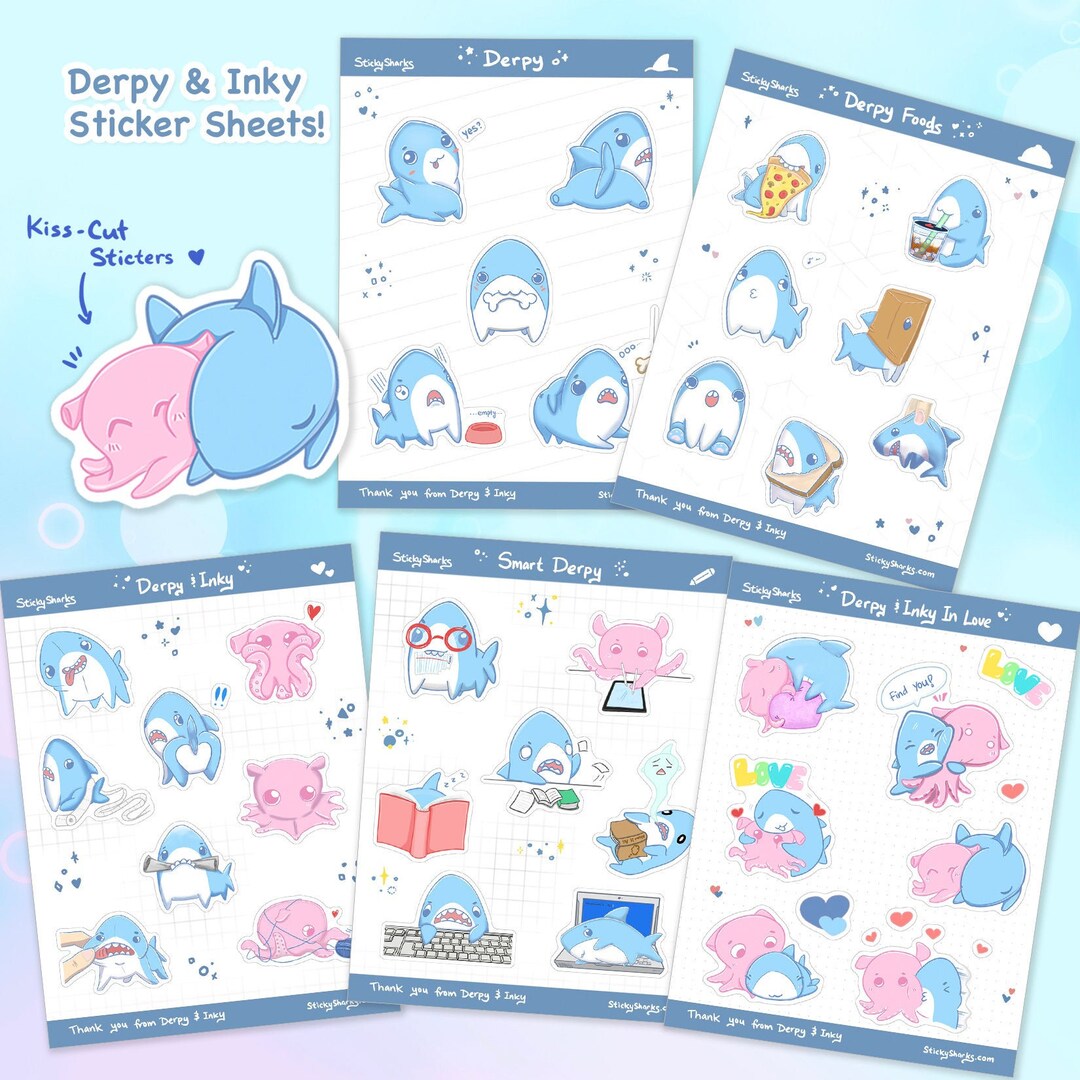 Derpy & Inky Series Kiss-cut Sticker Sheet Shark Dog Octopus Kawaii ...