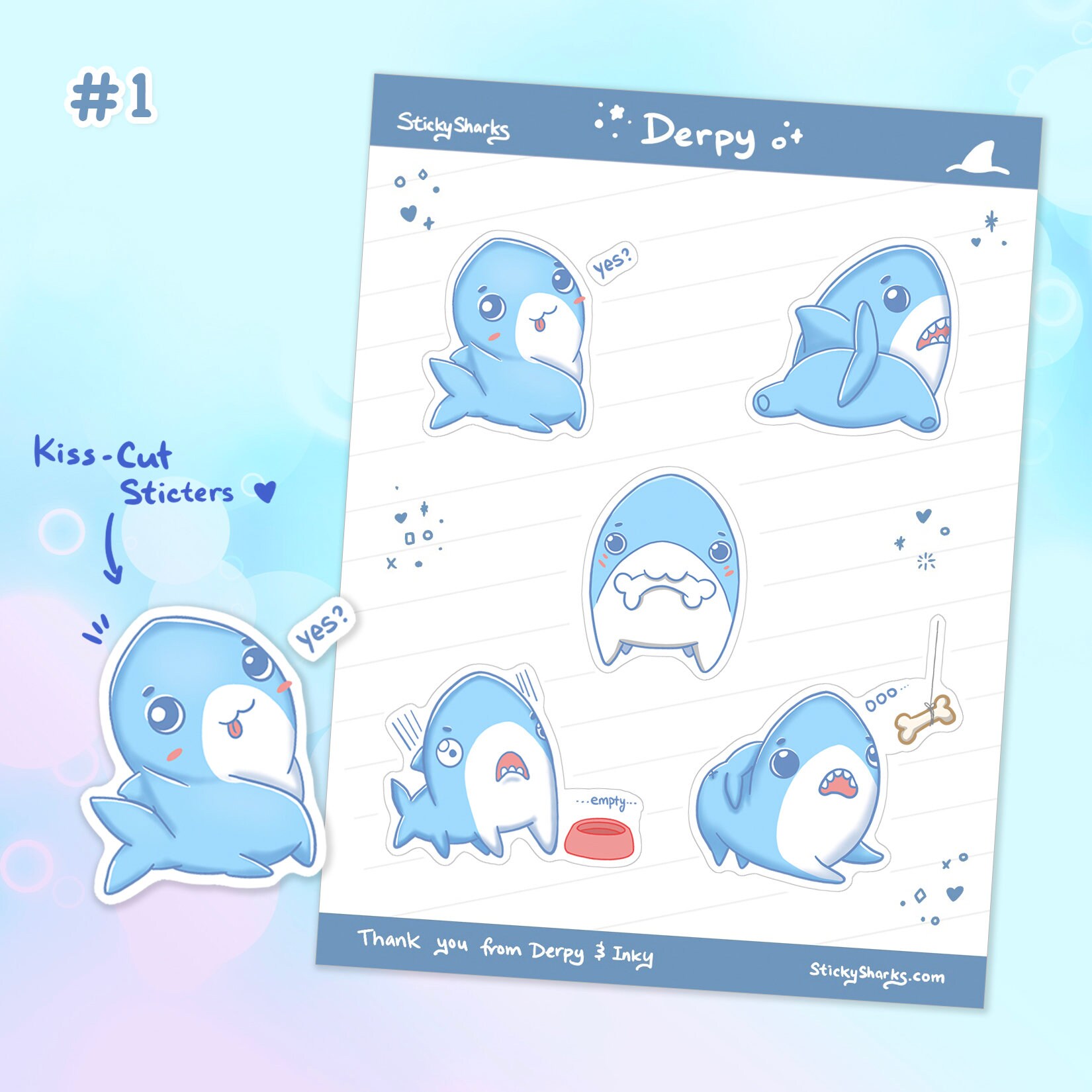 Derpy & Inky Series Kiss-cut Sticker Sheet Shark Dog Octopus Kawaii ...