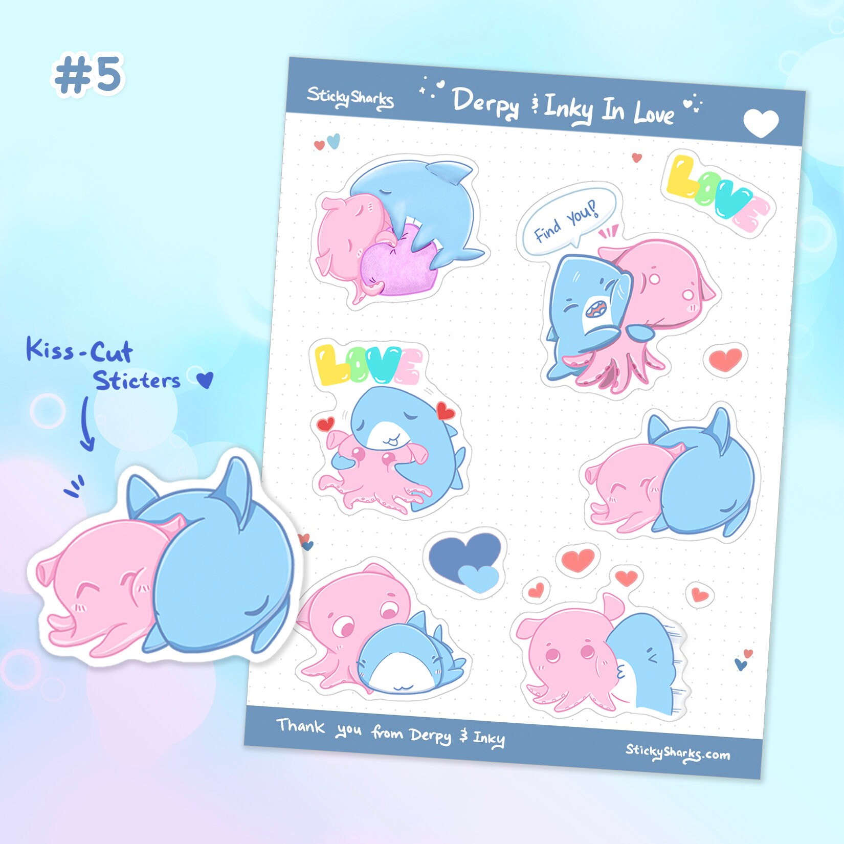 Derpy & Inky Series Kiss-cut Sticker Sheet Shark Dog Octopus Kawaii ...