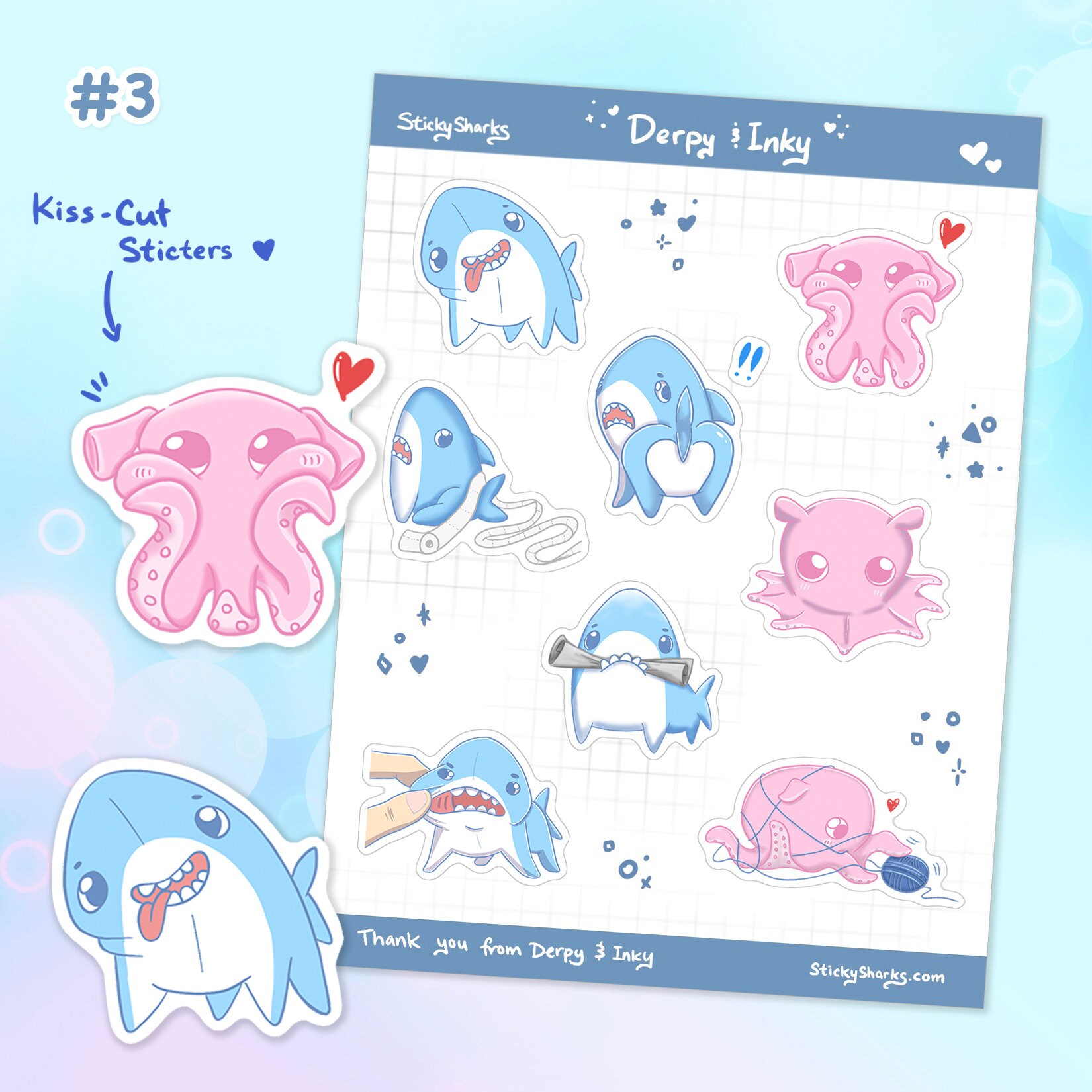 Derpy & Inky Series Kiss-cut Sticker Sheet Shark Dog Octopus Kawaii ...