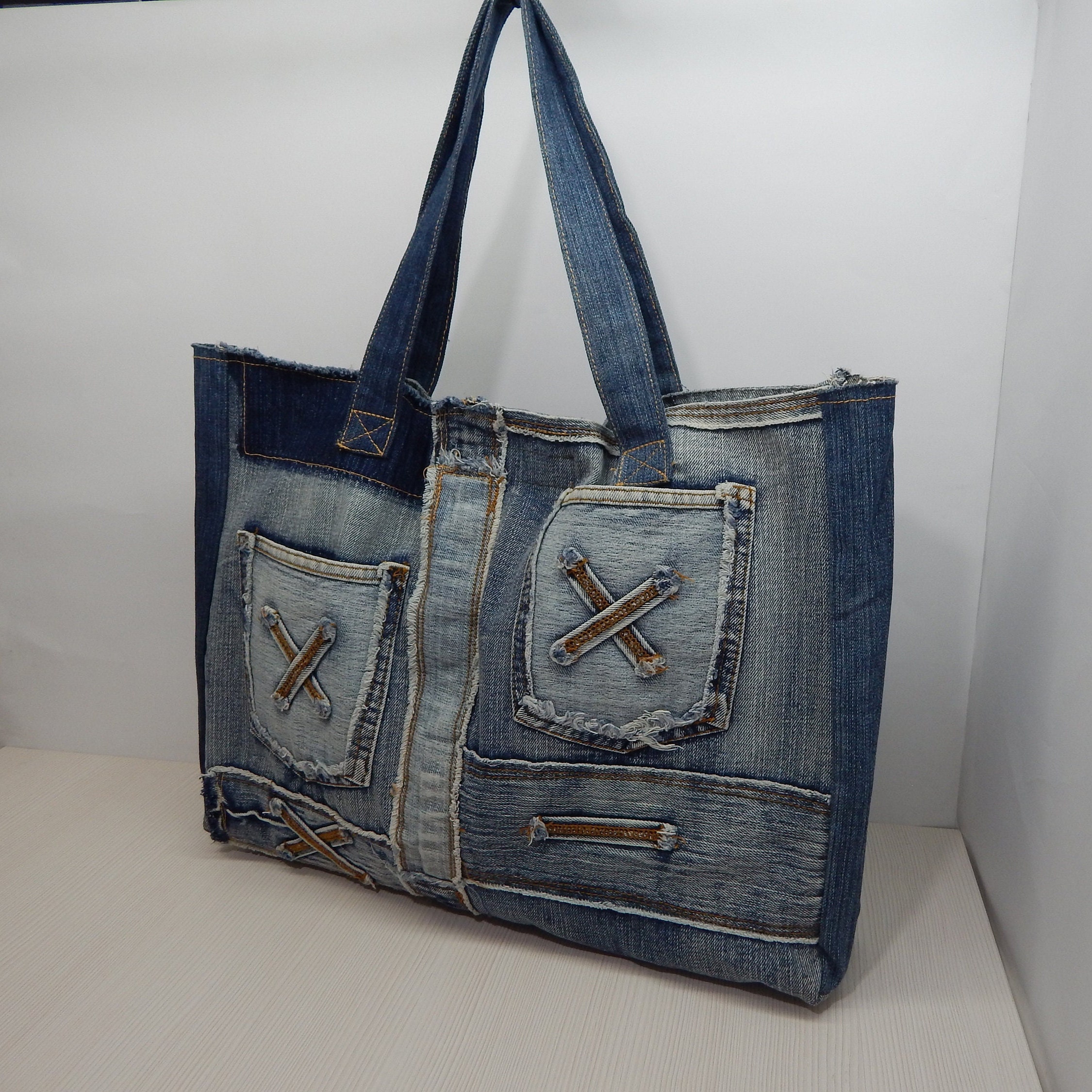 Denim Tote Bag With Pockets Upcycled Denim Bag for Shopping Handmade ...