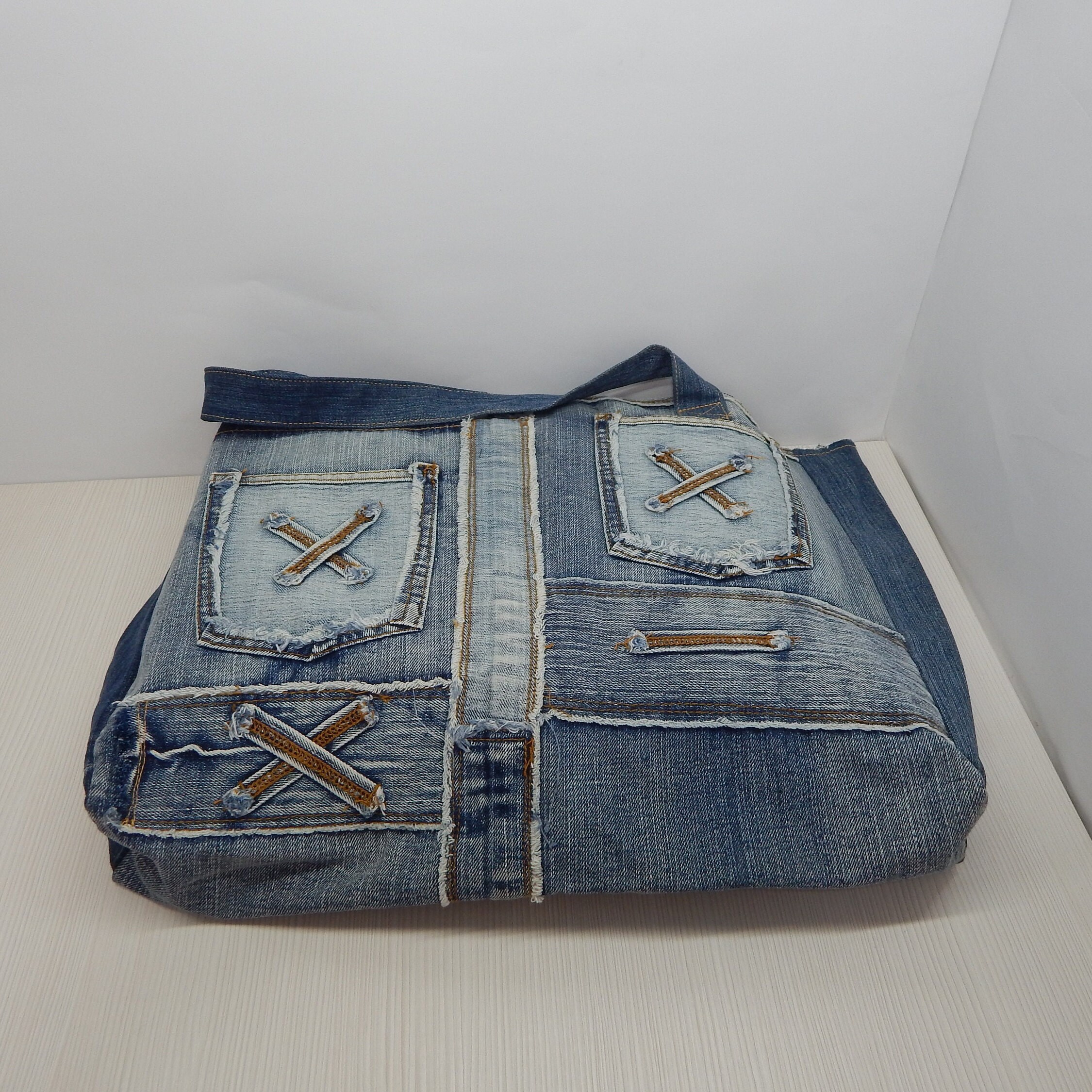 Denim Tote Bag With Pockets Upcycled Denim Bag for Shopping Handmade ...