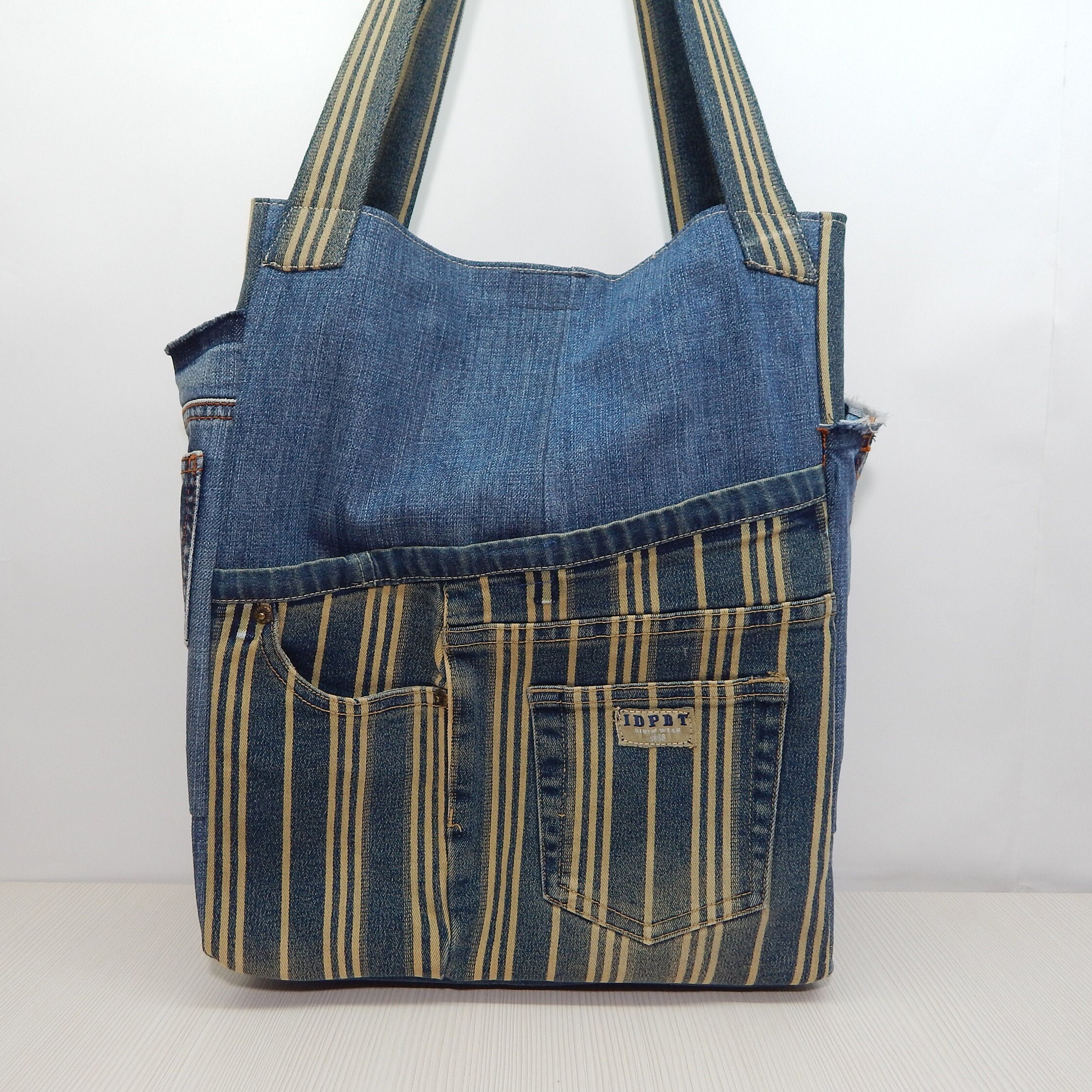 Upcycled Denim Tote Bag Jeans Shopper Shoulder Bag With Pockets Denim ...