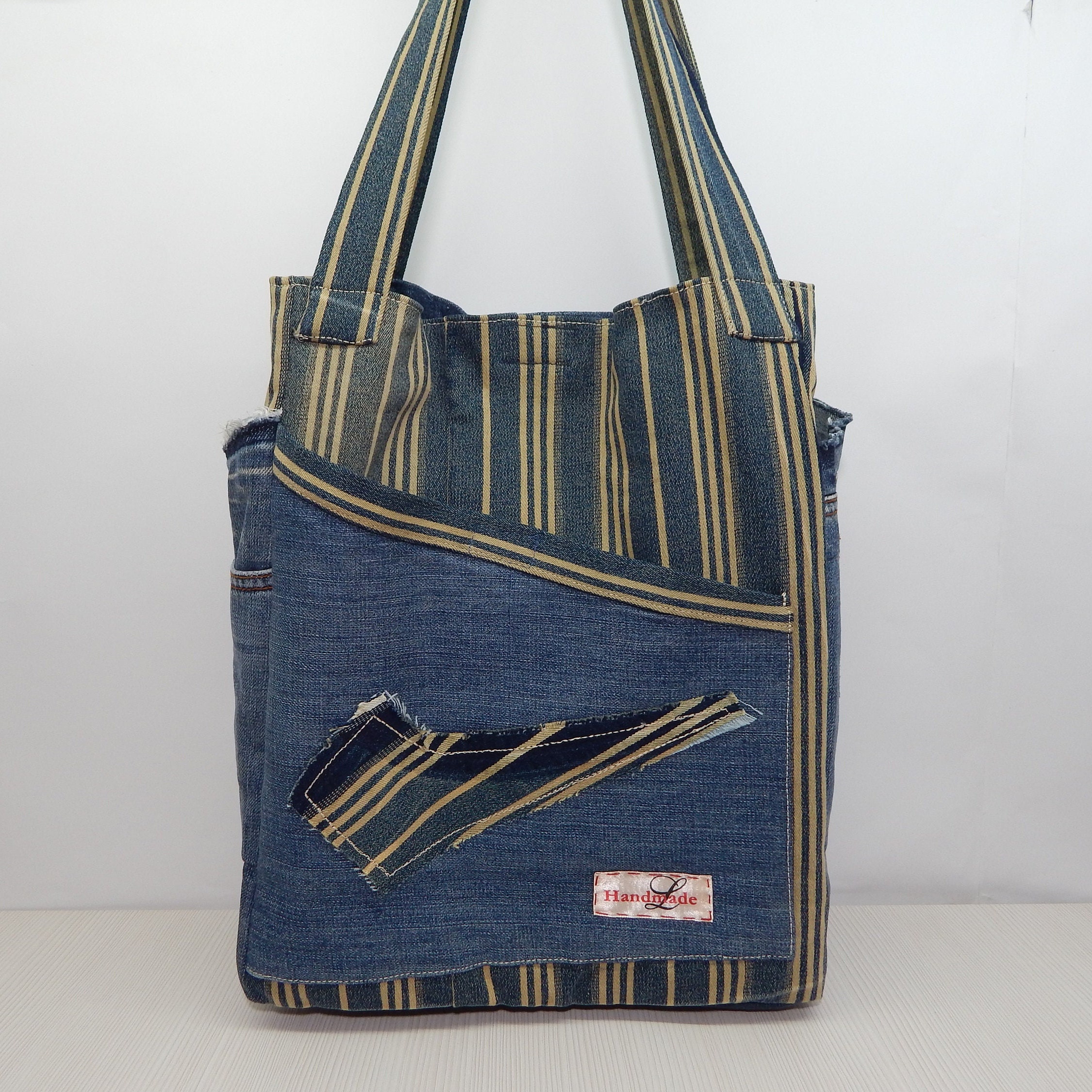 Upcycled Denim Tote Bag Jeans Shopper Shoulder Bag With Pockets Denim ...