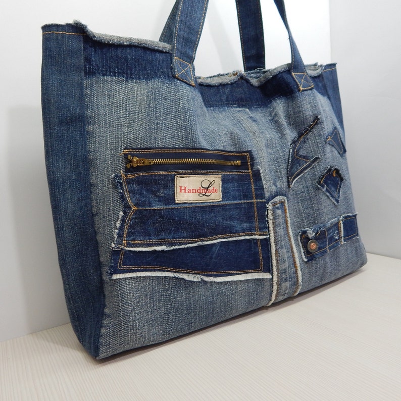 Denim Tote Bag With Pockets Upcycled Denim Bag for Shopping Handmade ...