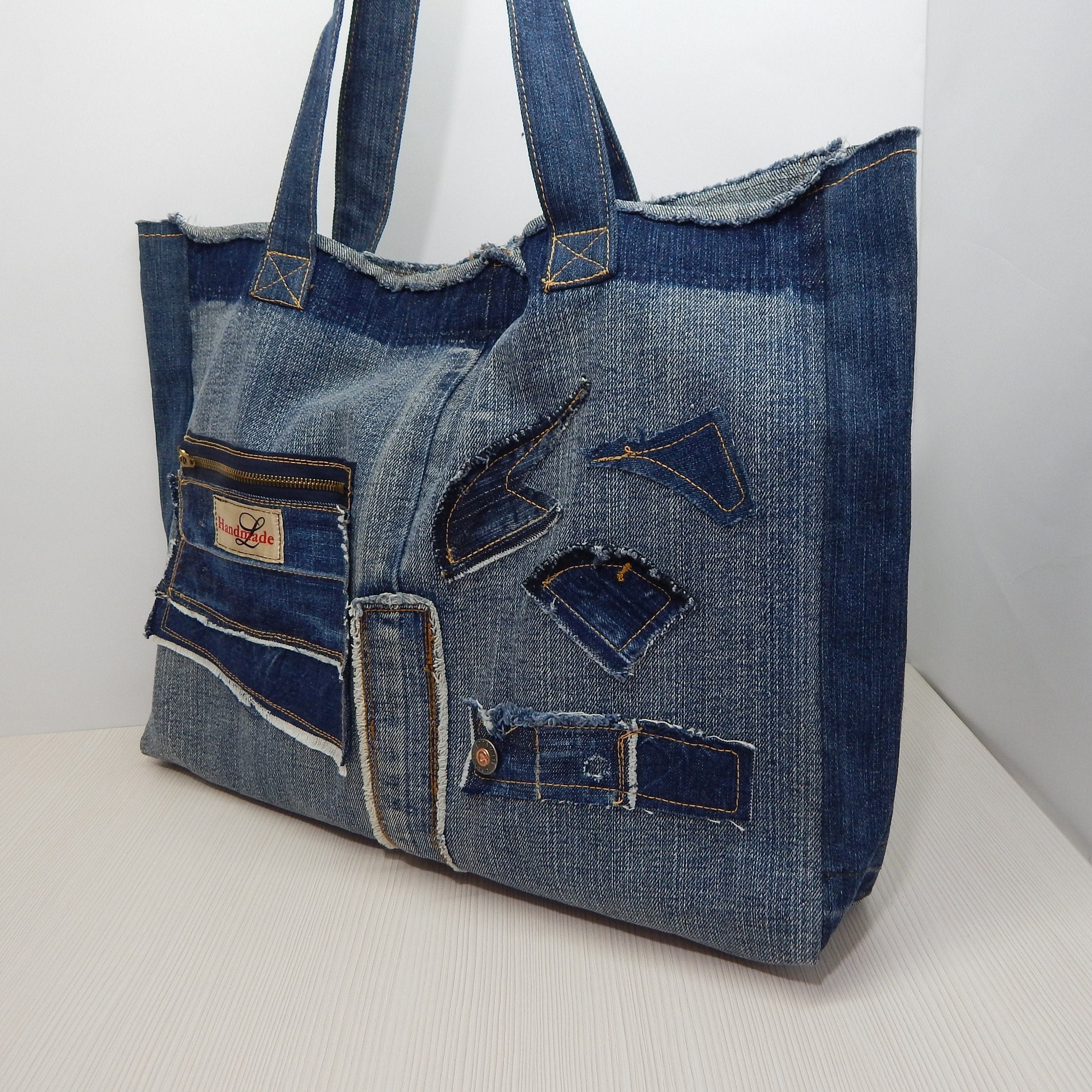 Denim Tote Bag With Pockets Upcycled Denim Bag for Shopping Handmade ...
