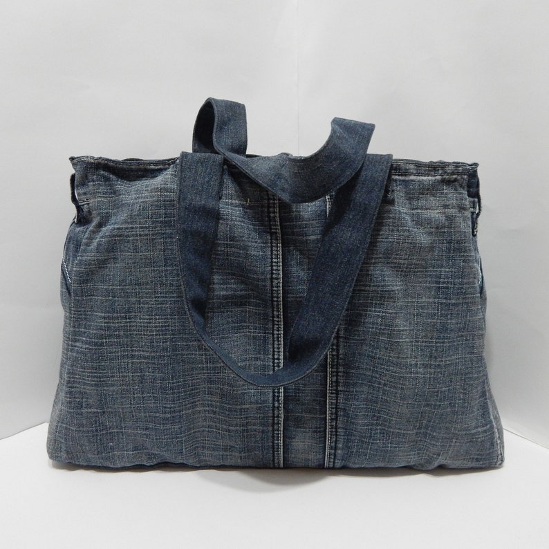 Upcycled Denim Shoulder Bag Medium Blue Jean Bag With Pockets Stylish ...