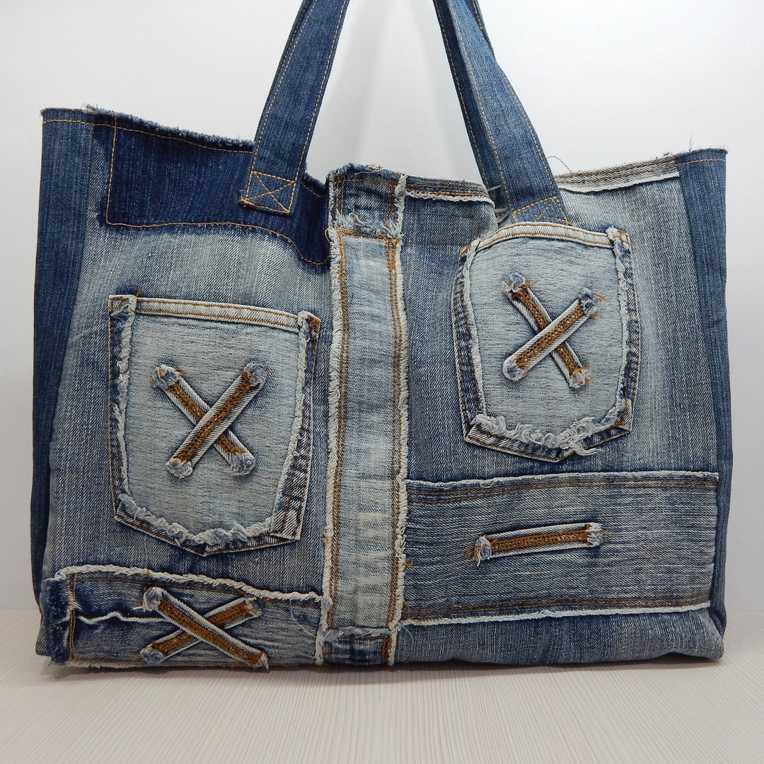 Denim Tote Bag With Pockets Upcycled Denim Bag for Shopping Handmade ...