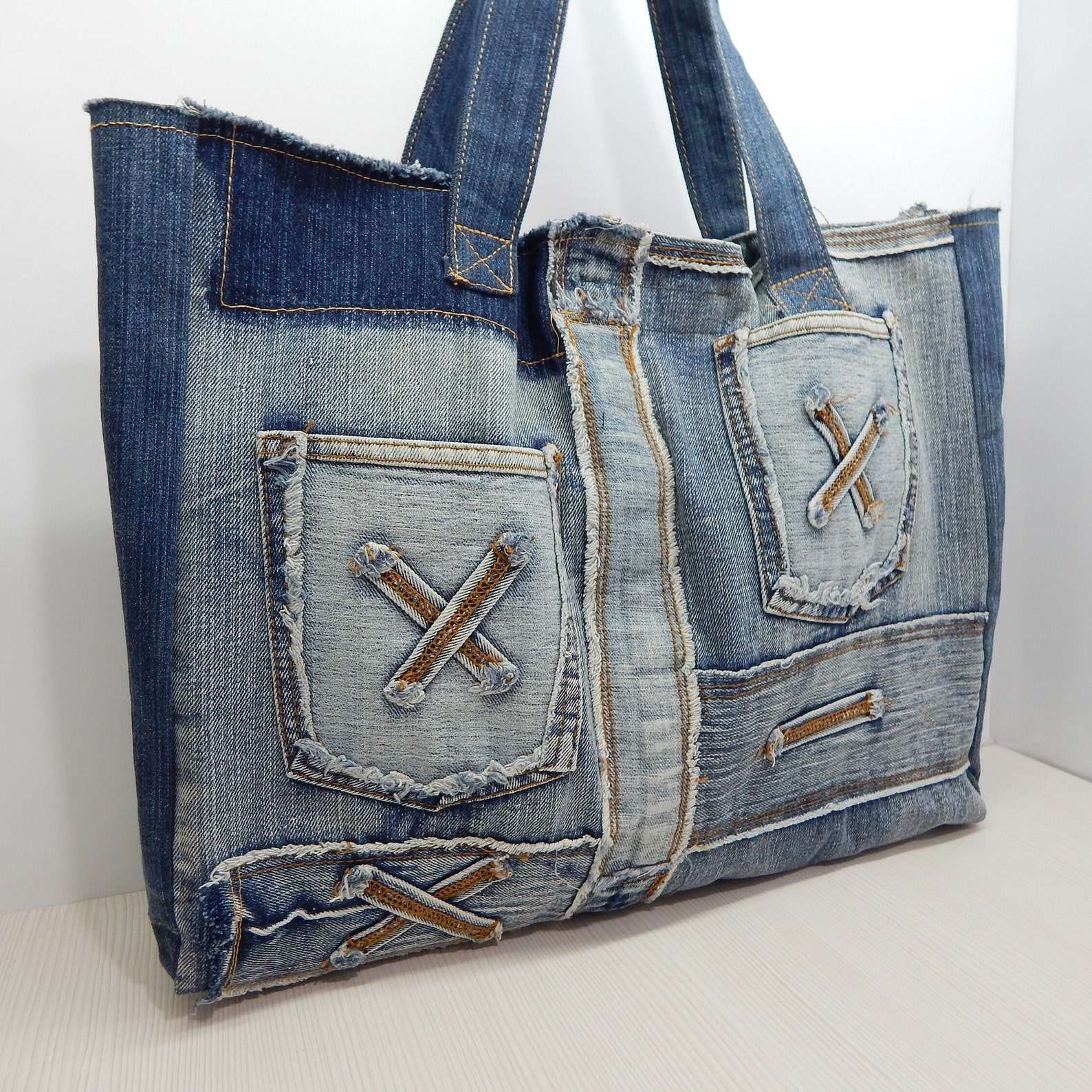 Denim Tote Bag With Pockets Upcycled Denim Bag for Shopping Handmade ...