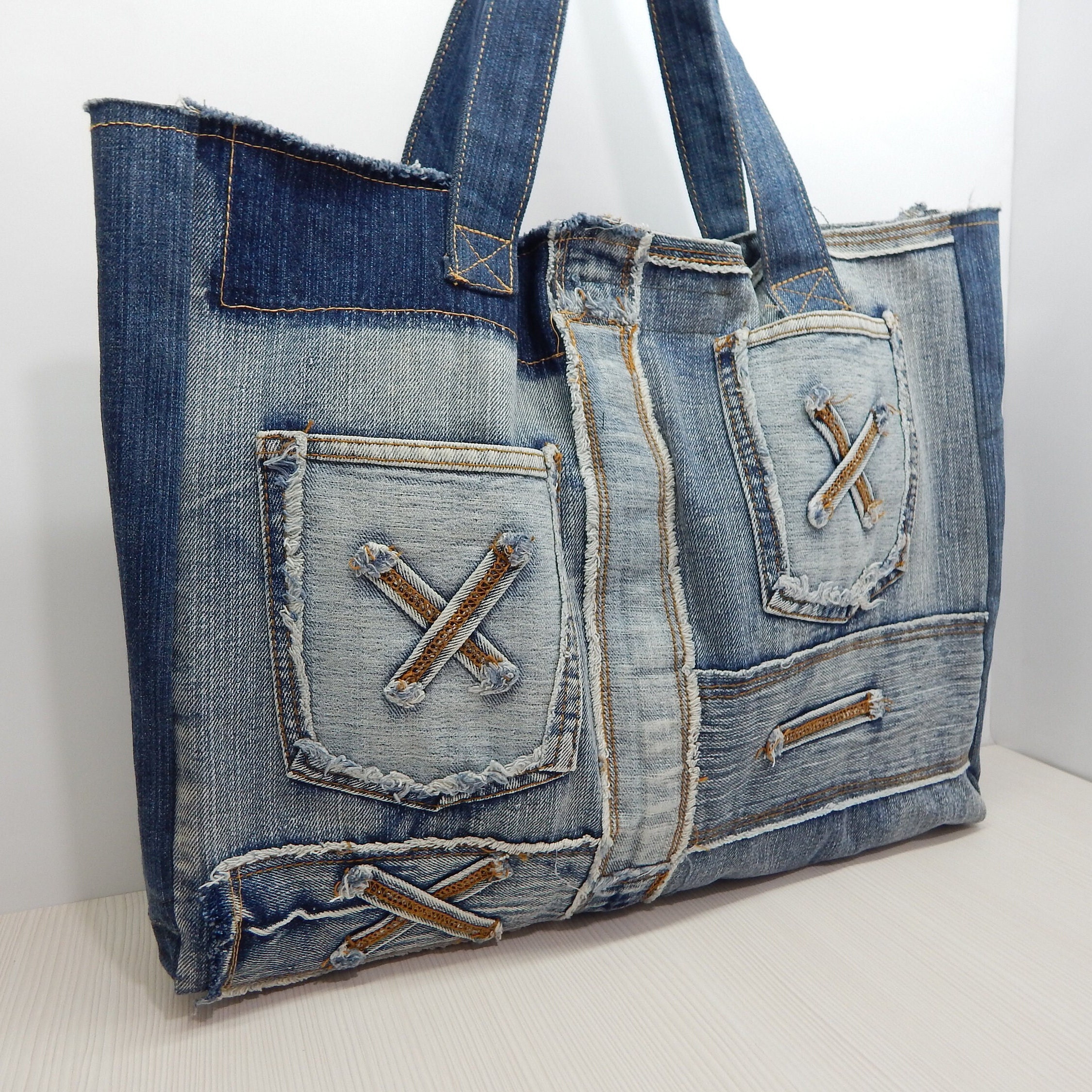Denim Tote Bag With Pockets Upcycled Denim Bag for Shopping Handmade ...