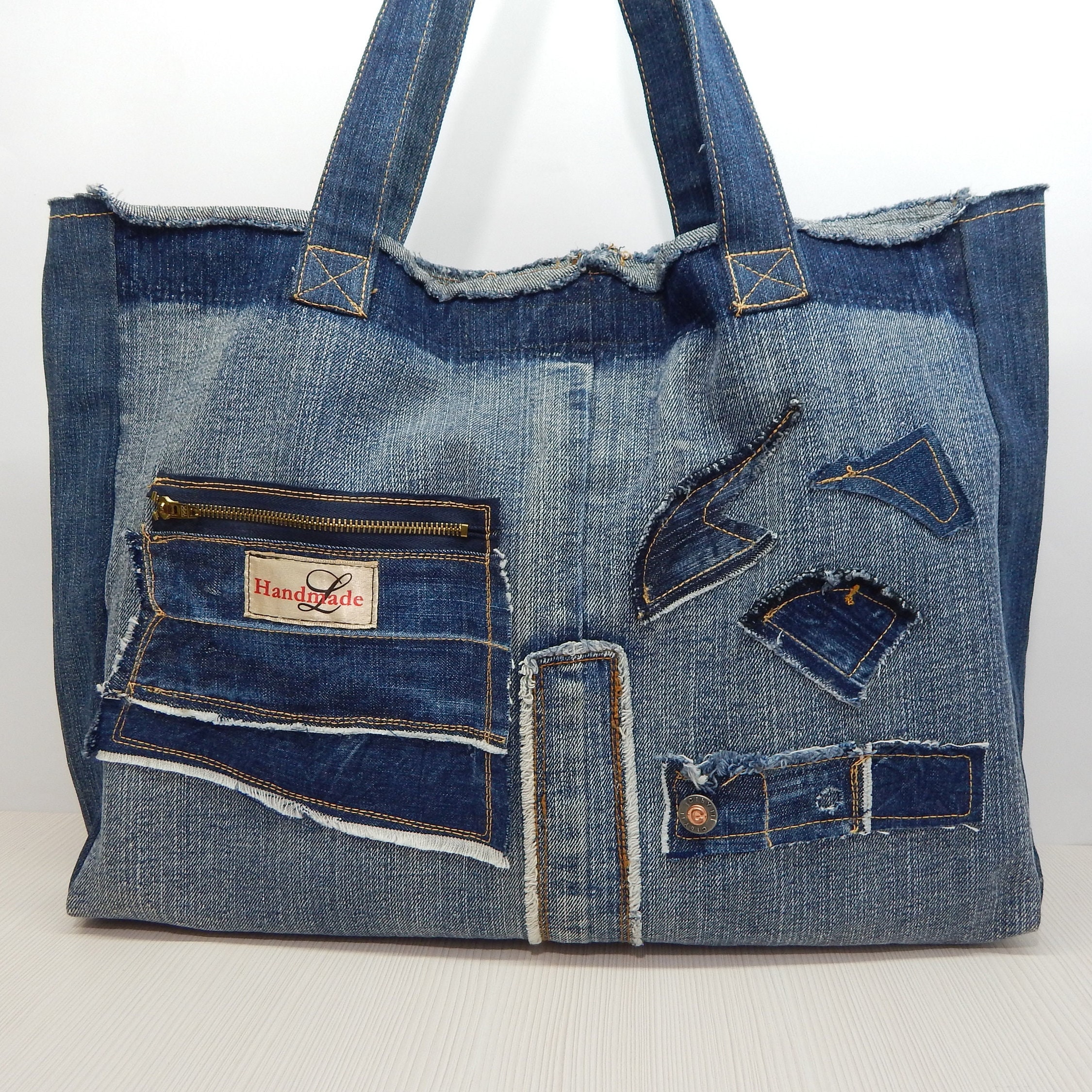 Denim Tote Bag With Pockets Upcycled Denim Bag for Shopping Handmade ...