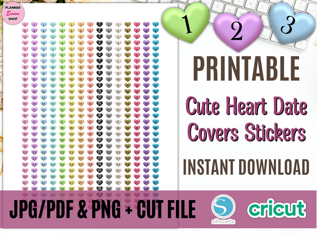 Kraft Heart Date Covers Printable Planner Stickers, Calendar Numbers ...
