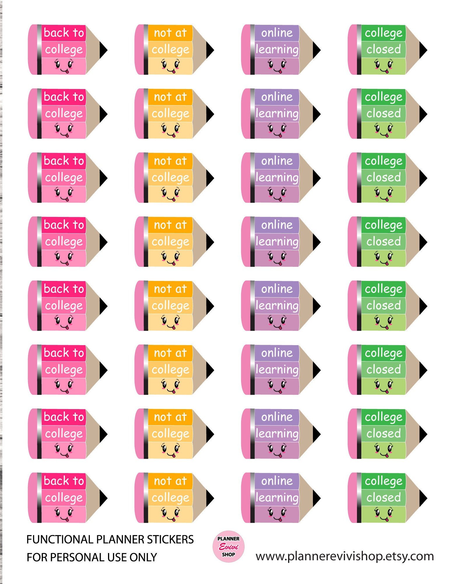 Cute Kawaii Pencil College Stickers Printable Planner Stickers - Etsy