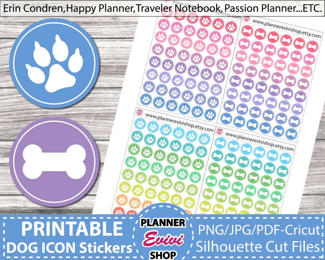 Dog Icon Stickers, Printable Planner Stickers, Paw Print Stickers, Pet ...