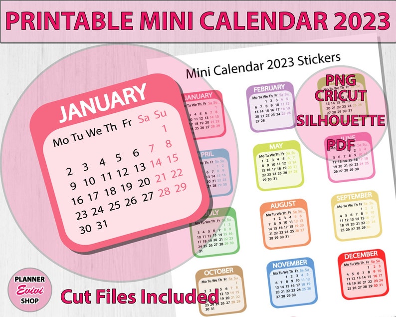 Mini Calendar-2023-printable Planner Stickers/cut Files/erin Condren ...