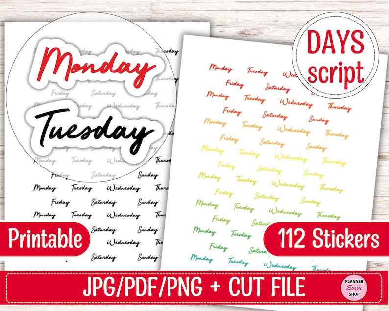 Days of the Week Script Stickers/printable Planner Stickers/erin ...