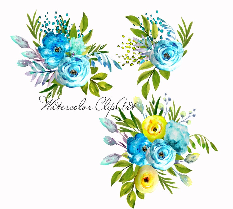 Watercolor Turquoise Yellow Floral Clip Art Roses Flowers - Etsy