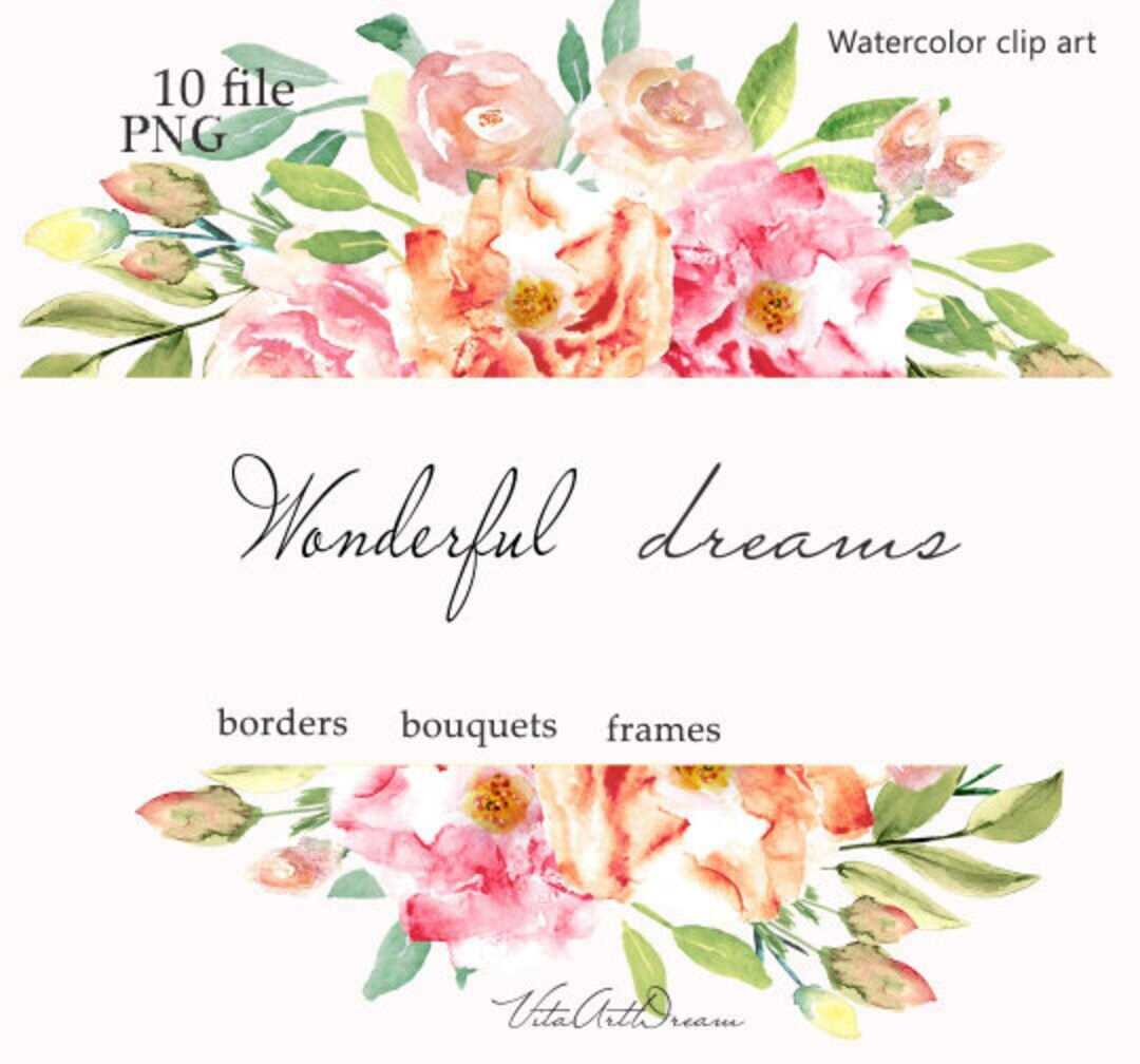 Pink Orange Roses Frame Clipart Watercolor. Watercolor Floral - Etsy