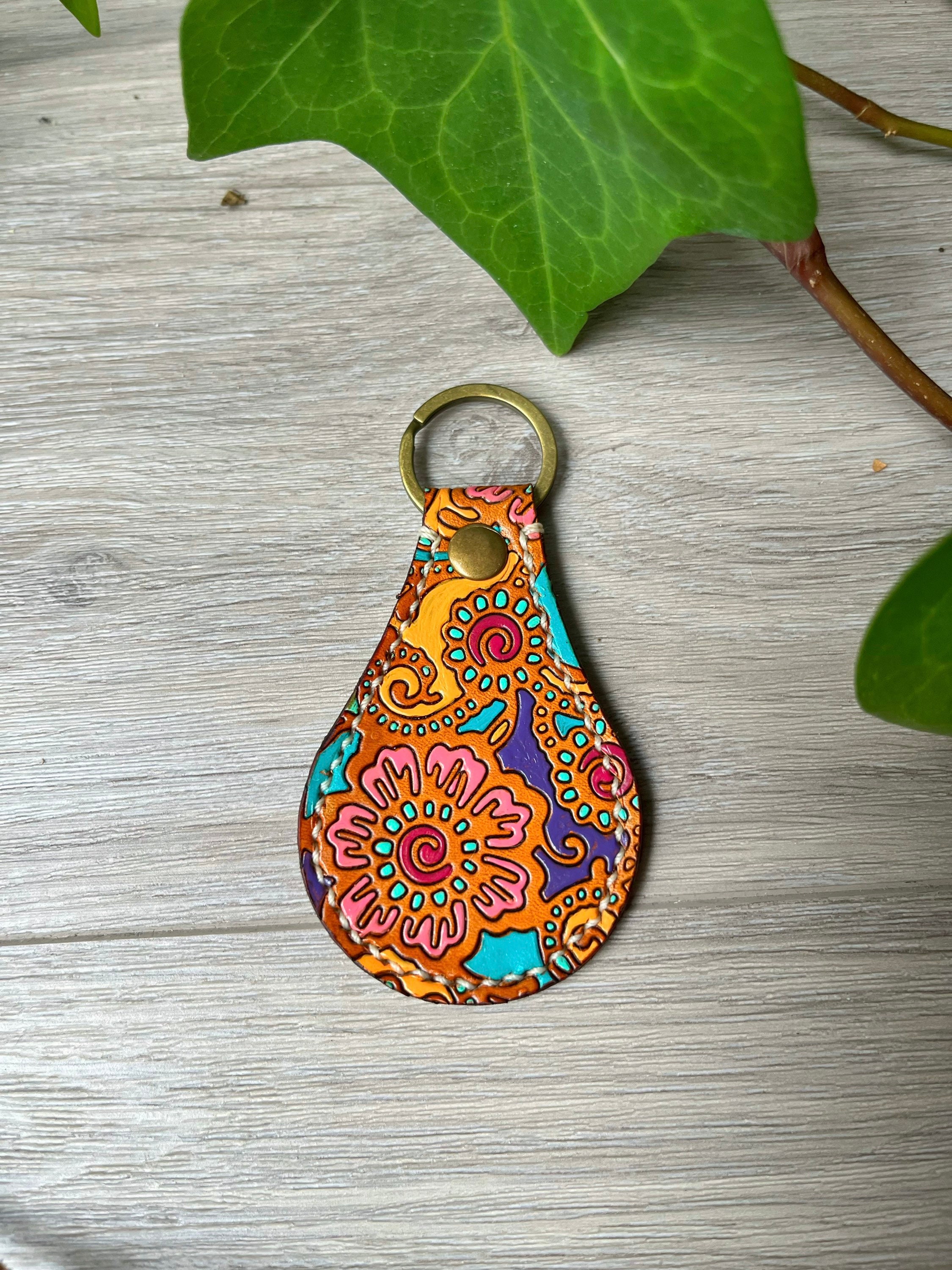 Hand Tooled Leather Keychain _unique Boho Floral Pattern _cute - Etsy