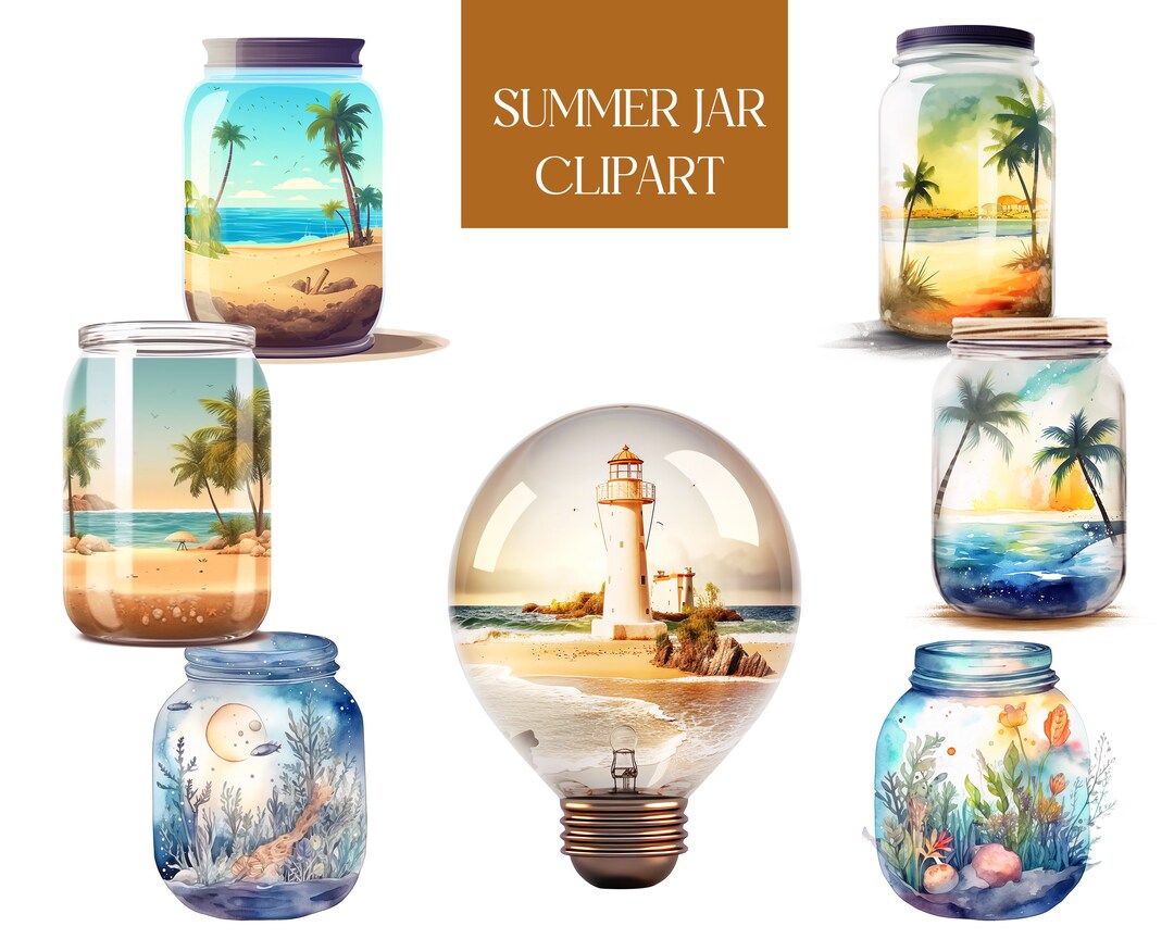 Watercolor Summer Jars Clipart, Summer and Beaches Clipart, Fantasy PNG ...