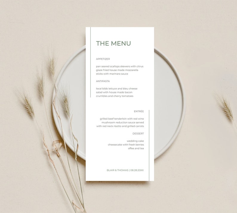 Minimalist Menu Design, Simple Wedding Menu Template - Etsy