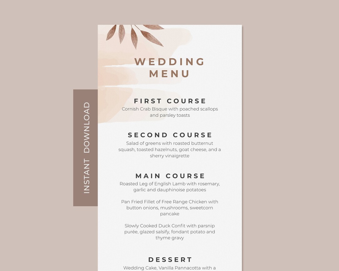 Boho Wedding Menu Template, Minimalist Wedding Menu, Pampas Grass ...