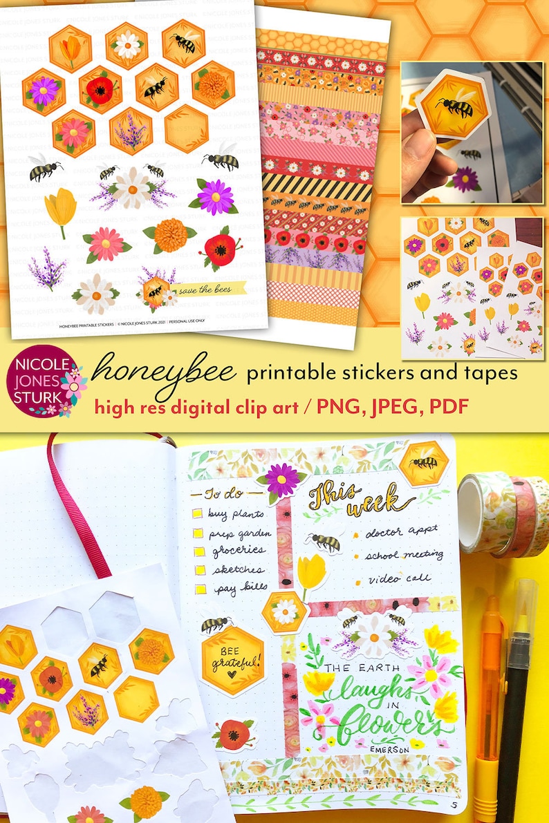 Honeybee Printable Stickers and Tapes / Bee Sticker Sheets and | Etsy