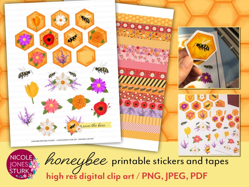 Honeybee Printable Stickers and Tapes / Bee Sticker Sheets and | Etsy