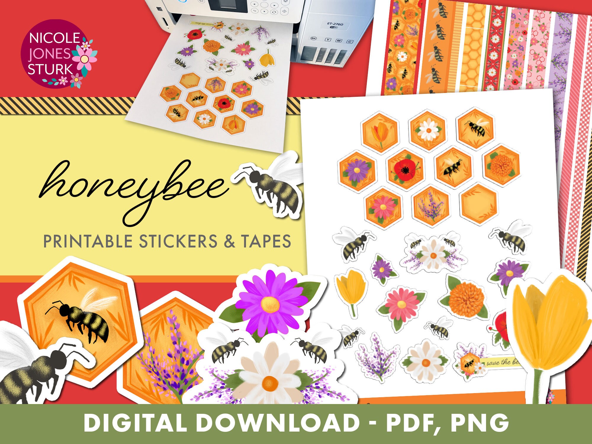 Honeybee Printable Stickers and Tapes / Bee Sticker Sheet and - Etsy