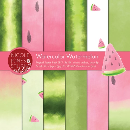 Watercolor Watermelon Paper / Digital Scrapbook Paper Set / - Etsy
