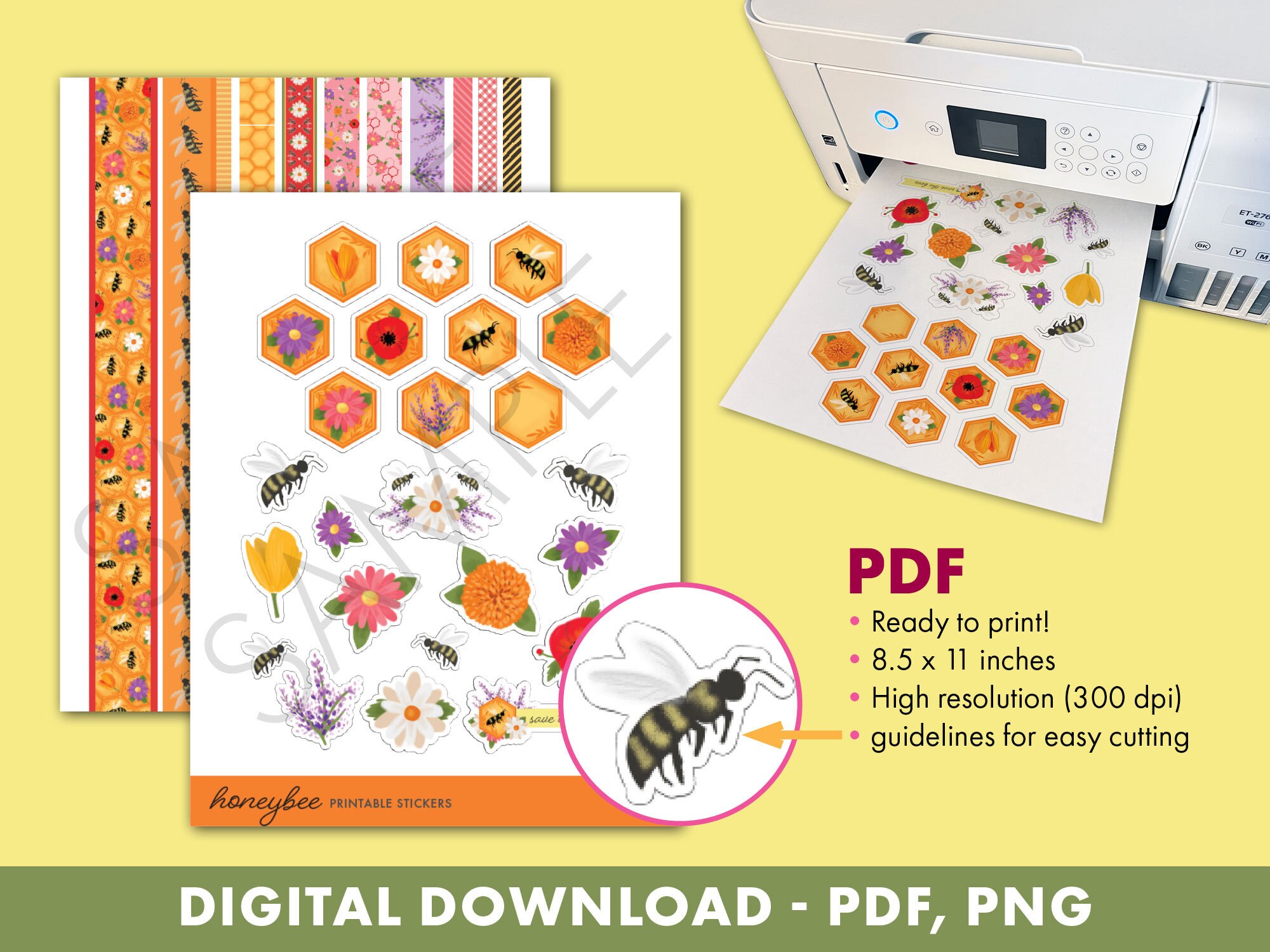 Honeybee Printable Stickers and Tapes / Bee Sticker Sheet and Tapes ...