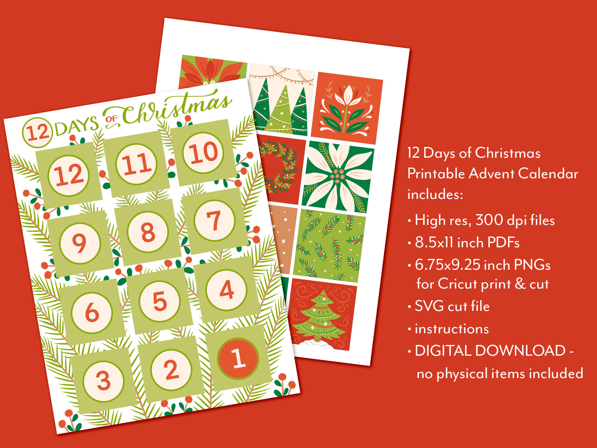 12 Days of Christmas / Floral Printable Christmas Advent Calendar / PDF ...