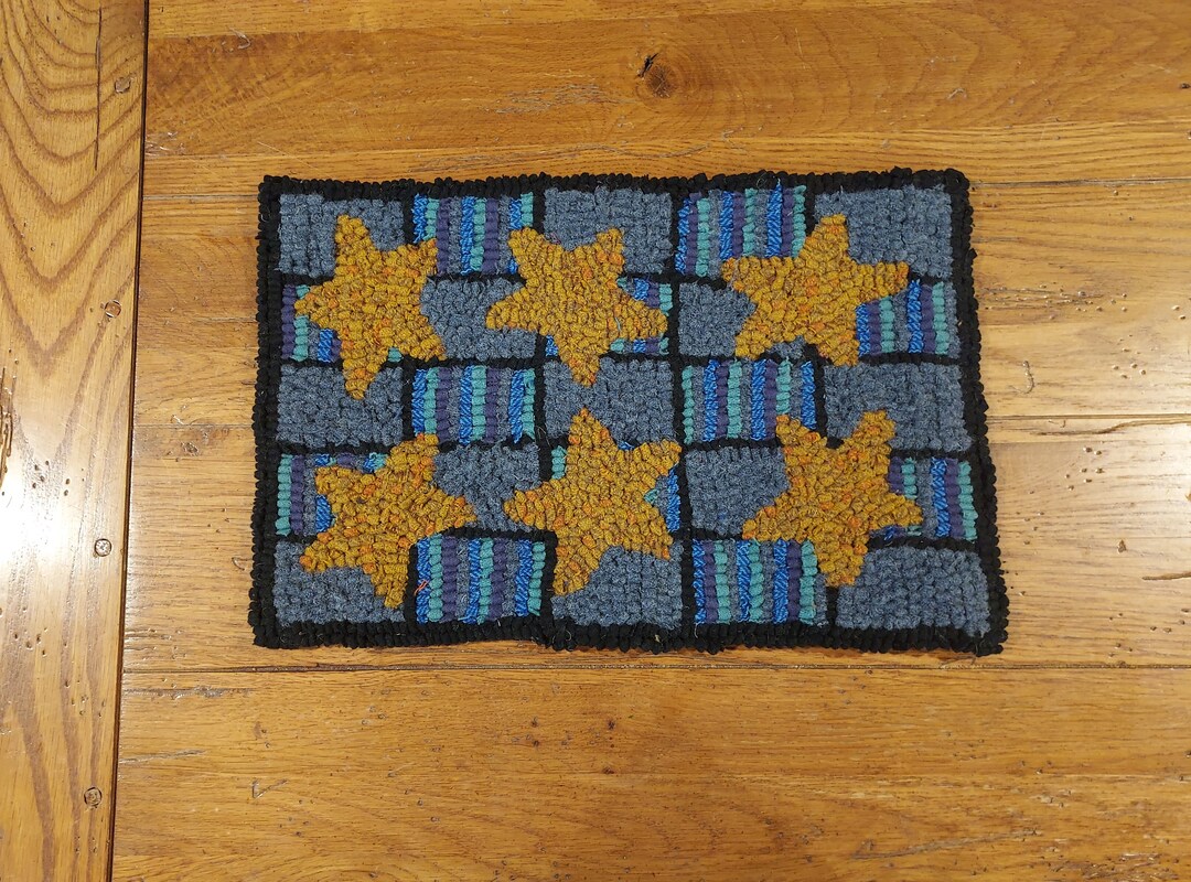 Mustard Stars on Mixed Blues Very Primitive Hand Hooked Rug by Sharon ...