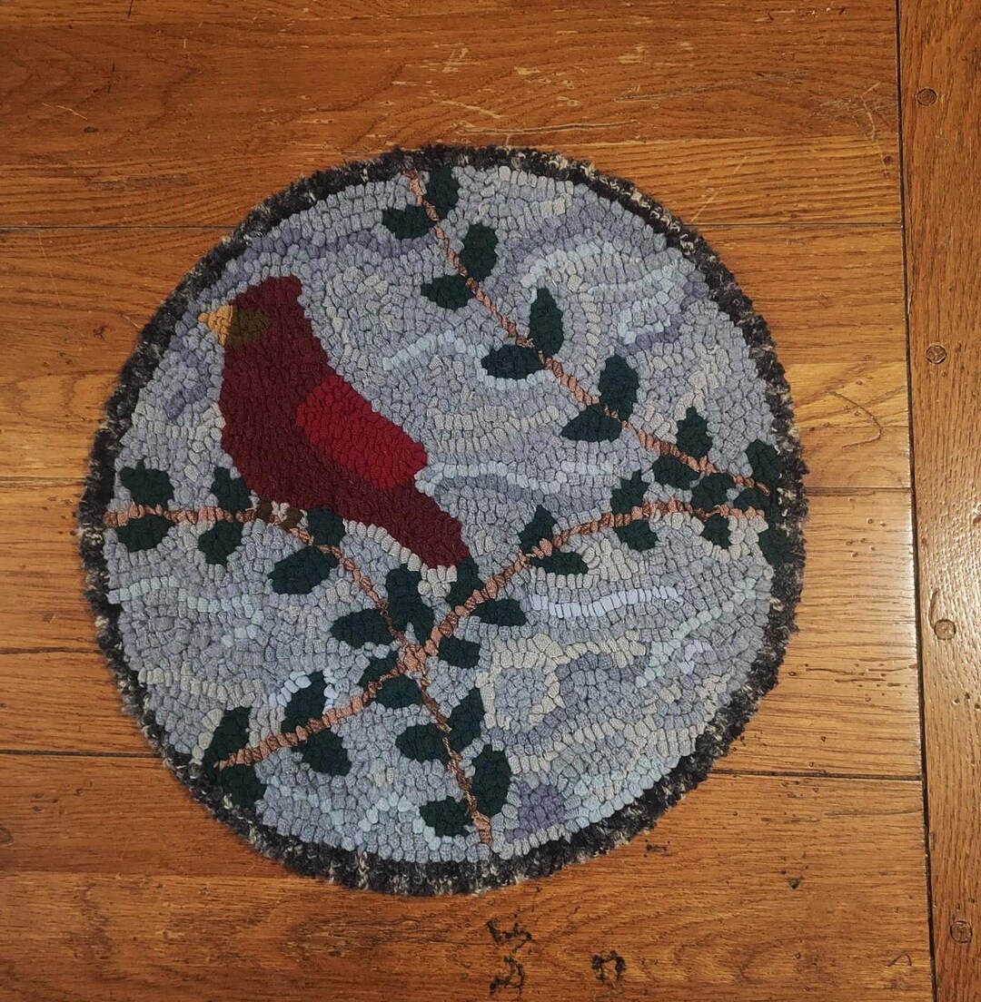 Cardinal on a Branch 15" Round Original Hand Hooked Rug by Sharon ...