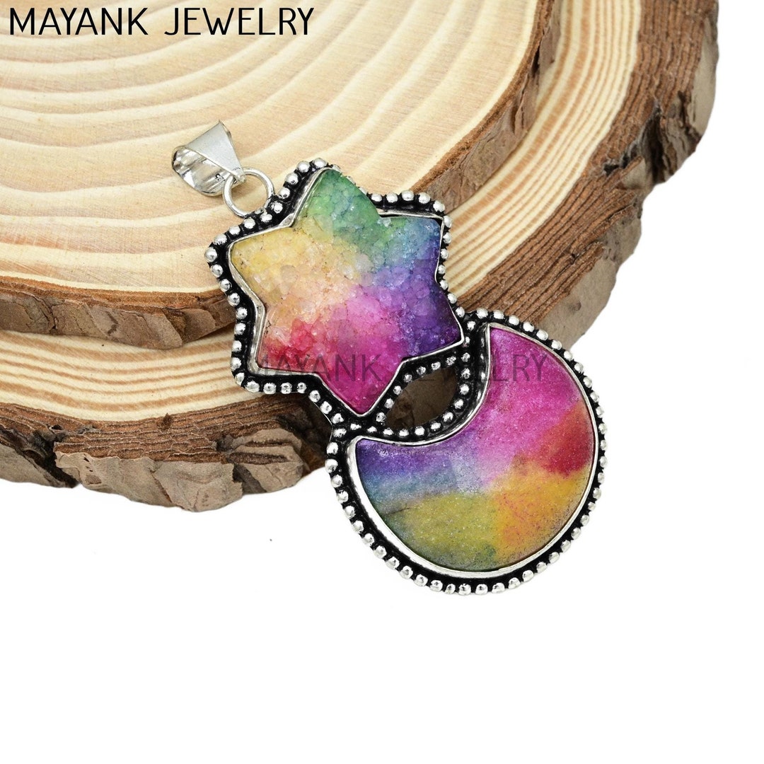 Rainbow Solar Slice Moon & Star Shape Gemstone Pendant, Vintage Style ...