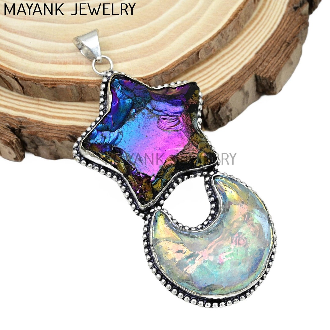 Titanium Aura Moon & Star Shape Huge Gemstone Pendant, Vintage Style ...
