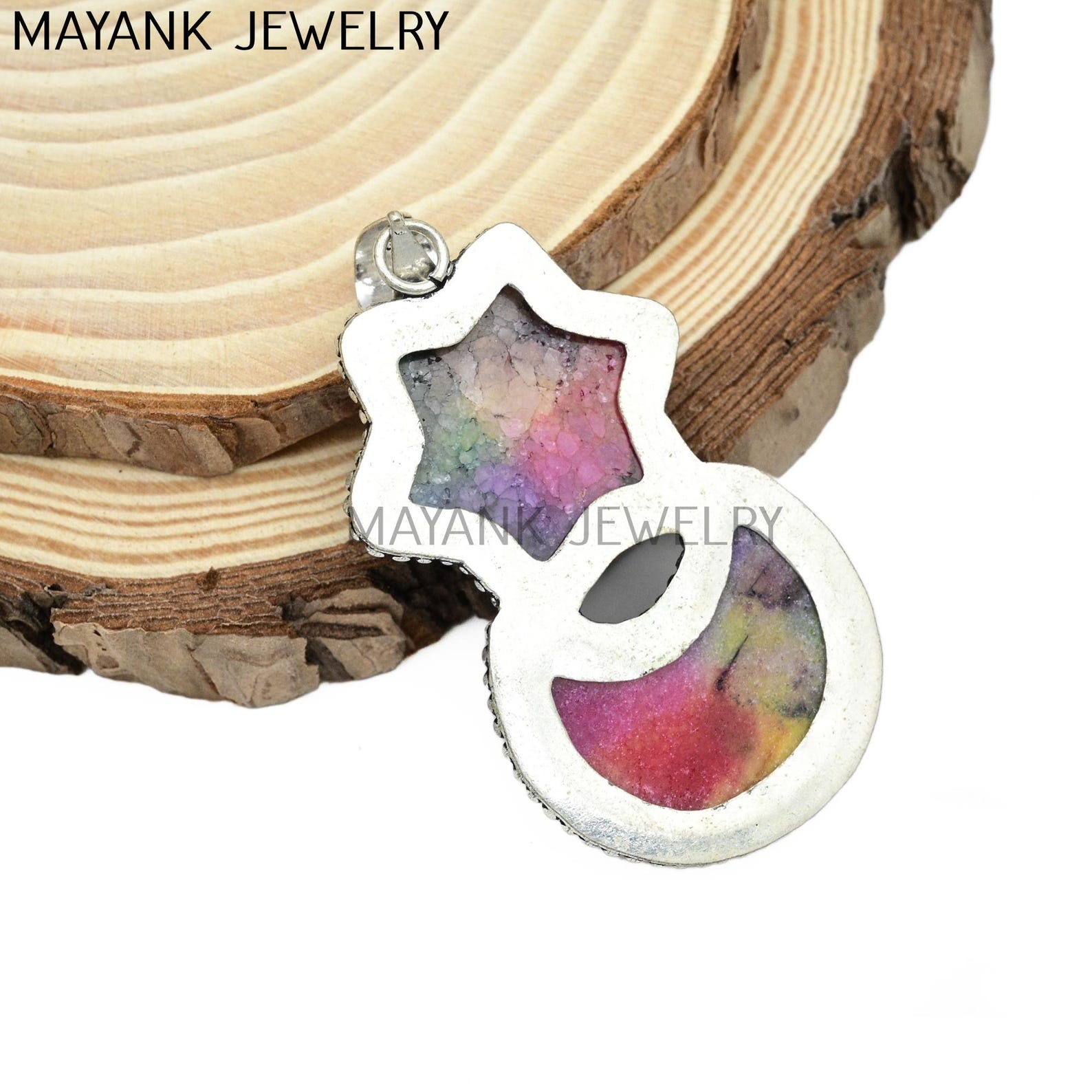 Rainbow Solar Slice Moon & Star Shape Gemstone Pendant, Vintage Style ...