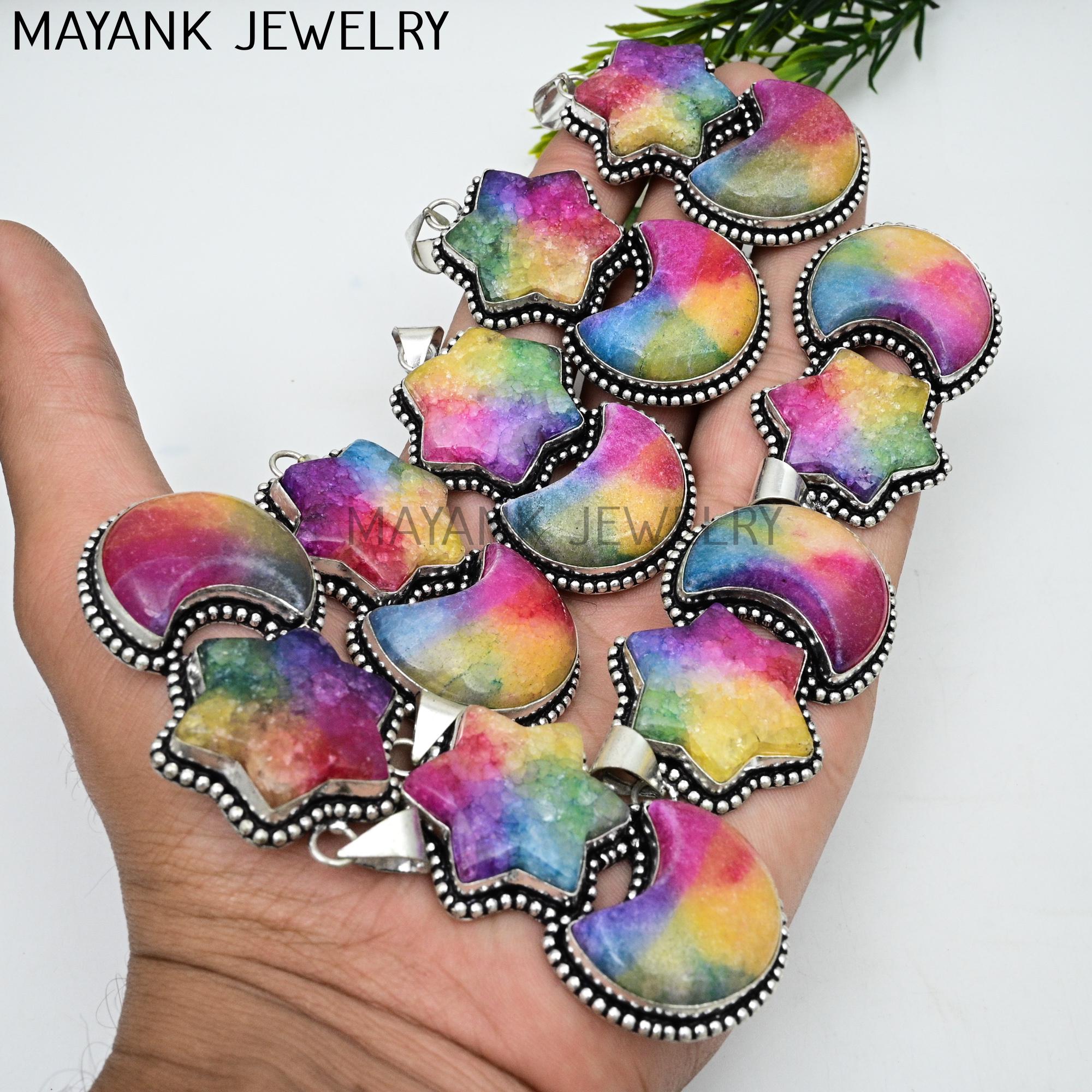 Rainbow Solar Slice Moon & Star Shape Gemstone Pendant, Vintage Style ...