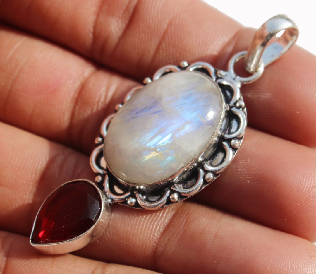 Moonstone & Garnet Pendant, Gemstone Pendant, Gift Pendant, Vintage ...