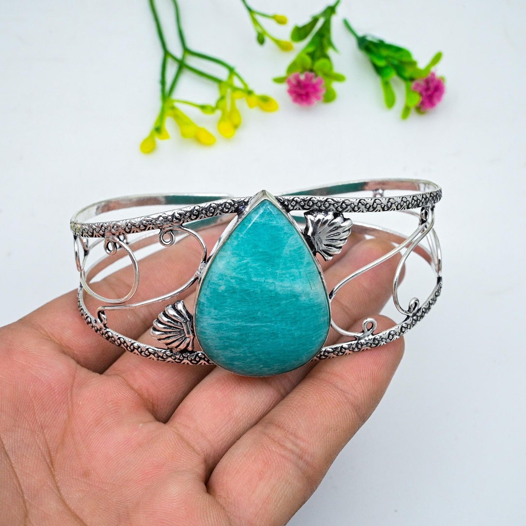 Amazonite Bangle, Adjustable Cuff Bracelet, Healing Gemstone Bangle, Christmas Gift for Her, 925 ...