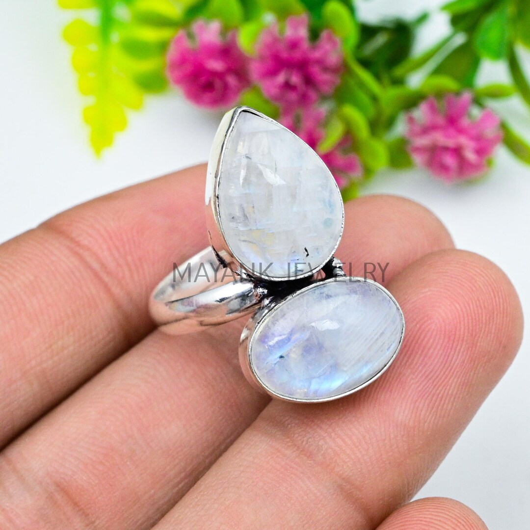Moonstone Adjustable Ring, Double Stone Gemstone Ring, Vintage Style ...