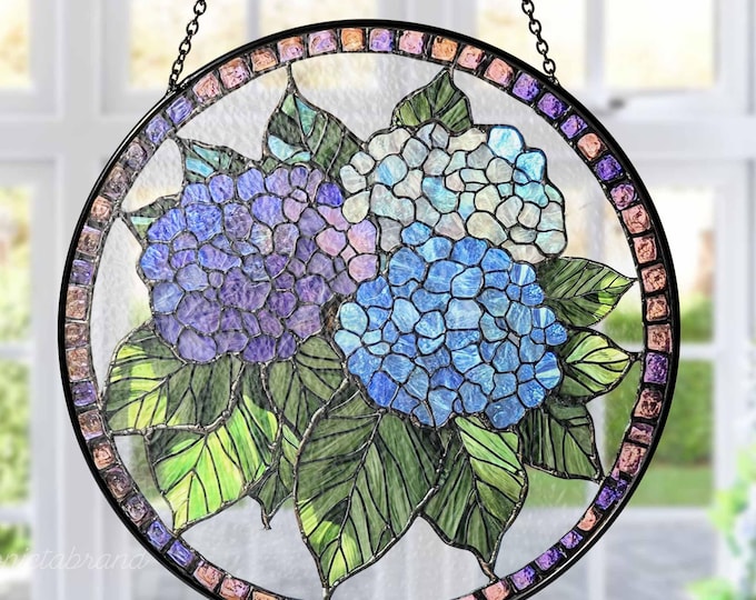 Blue Hydrangea Stained Glass Suncatcher Window Hanging, Blue Hydrangea ...