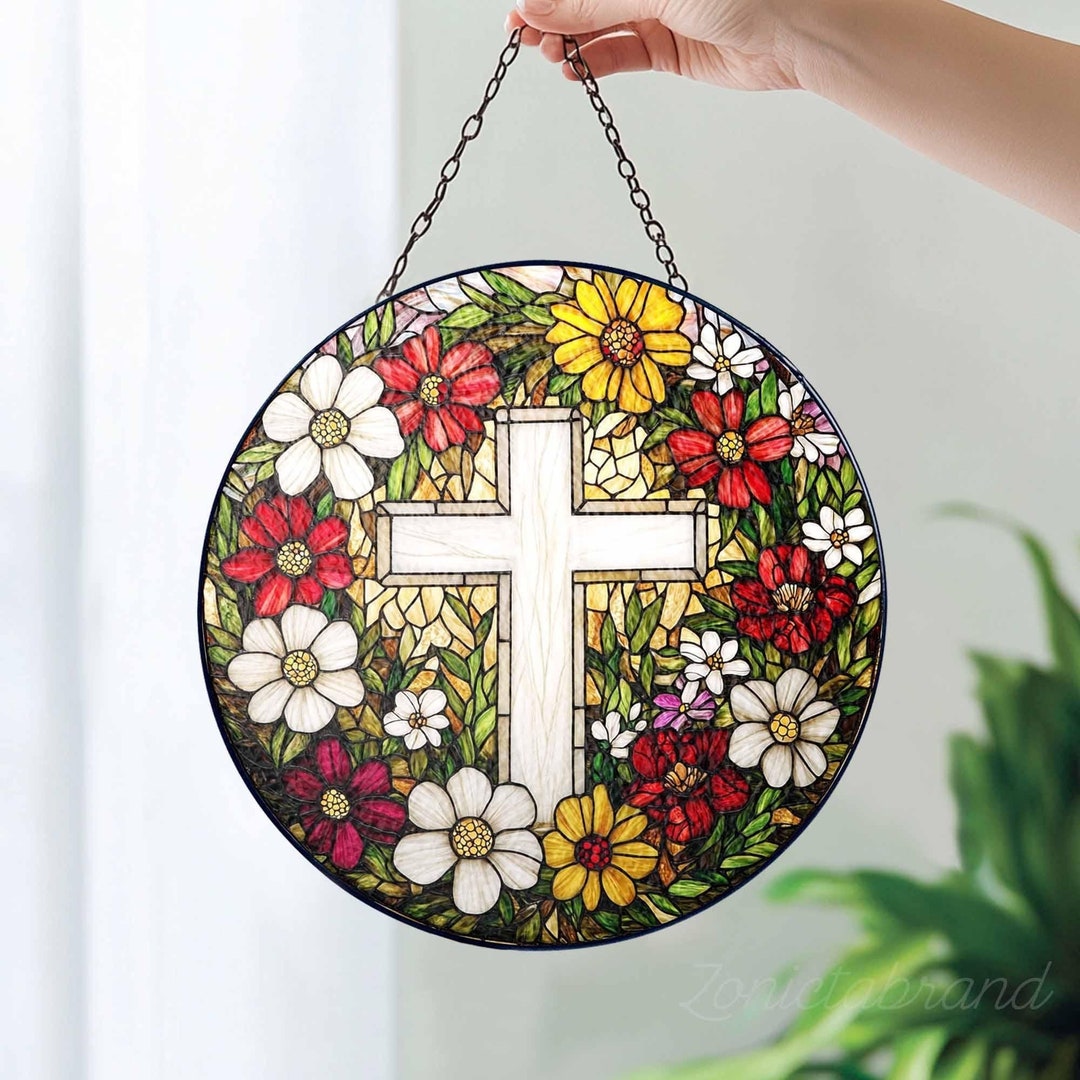Cross Suncatcher Glass, Suncatcher Window Hanging, Cross Stained Glass ...