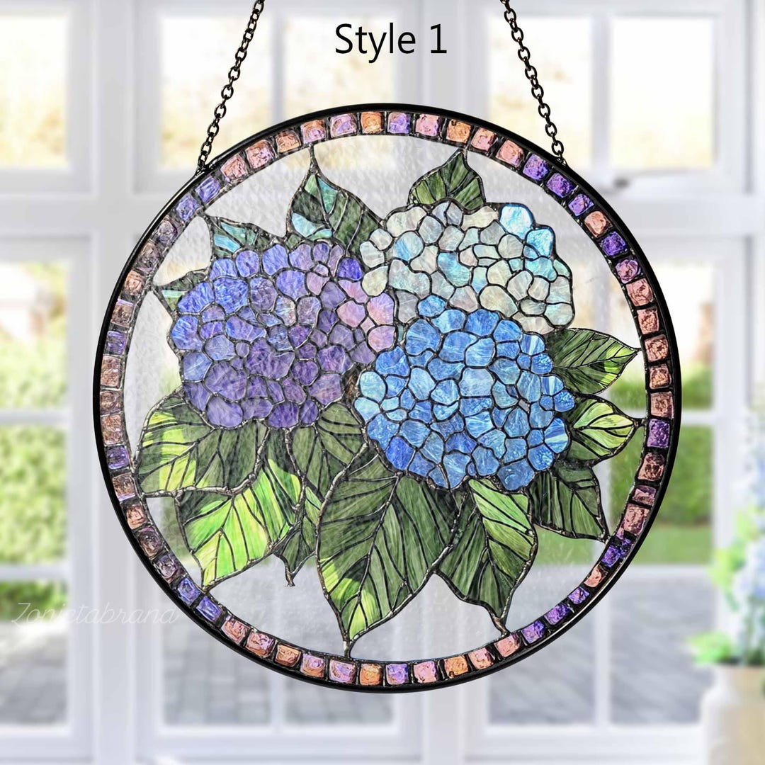 Blue Hydrangea Stained Glass Suncatcher Window Hanging, Blue Hydrangea ...